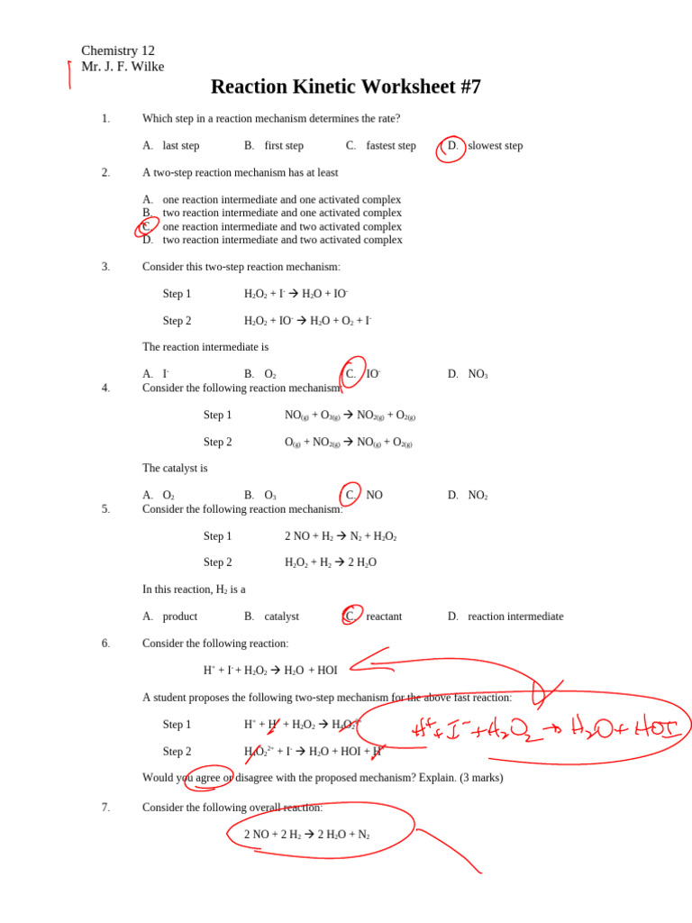 Reaction Kinetic ws 7 answers | PDF | Chemical Reactions | Unit Processes