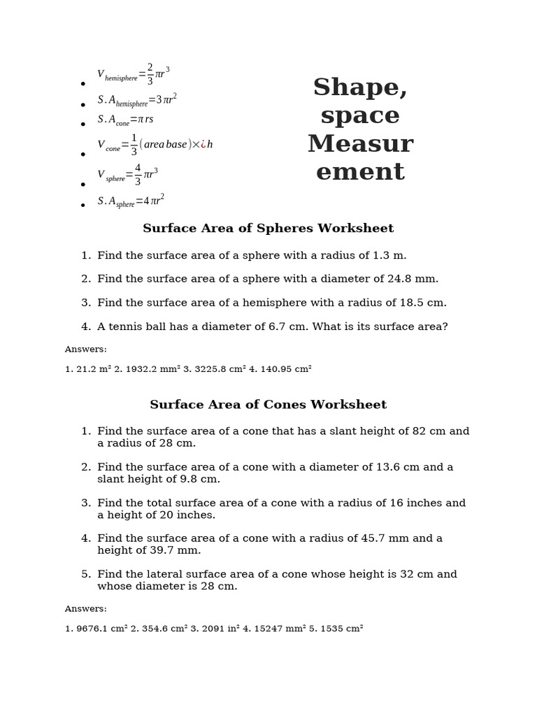 Surface Area of Spheres Worksheet | PDF | Area | Sphere
