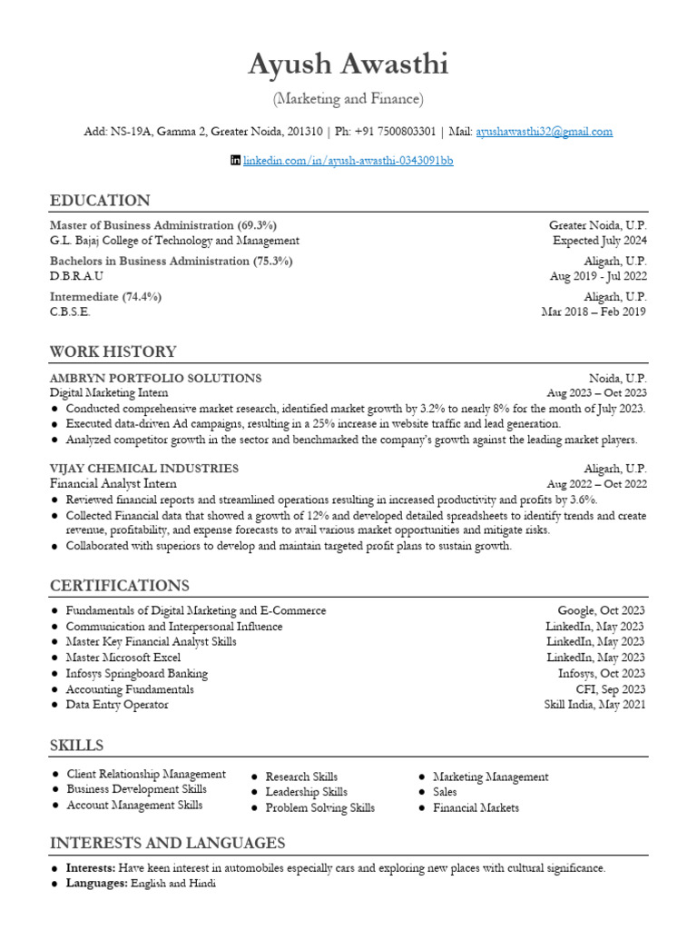 Ayush Awasthi Sample Resume | PDF | Business | Economies