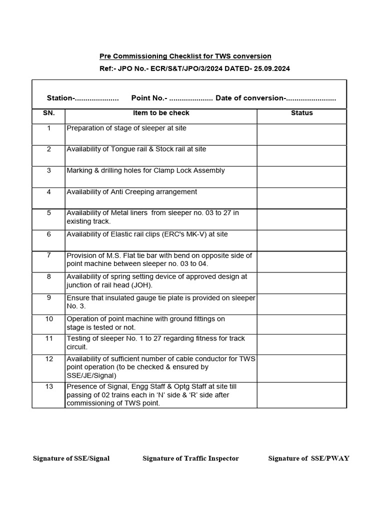 Pre Commissioning Checklist For TWS Conversion | PDF