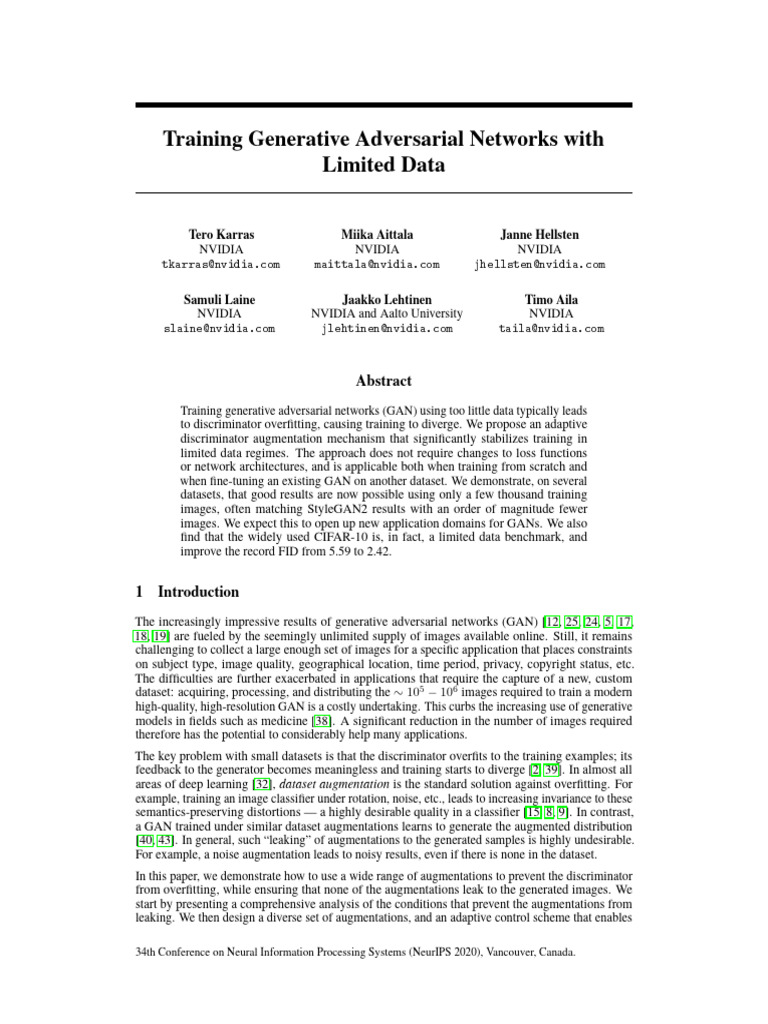 NeurIPS 2020 Training Generative Adversarial Networks With Limited Data Paper | PDF | Cognition ...