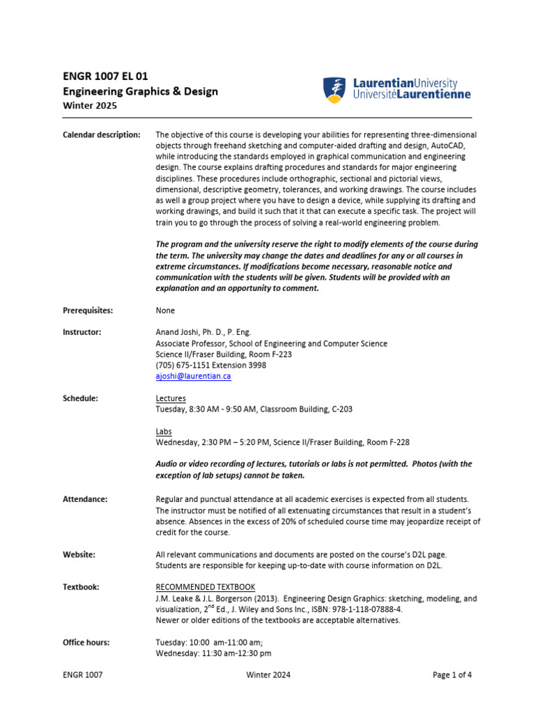 ENGR1007 Engg Graphics & Design Course Outline W25 | PDF | Academic ...