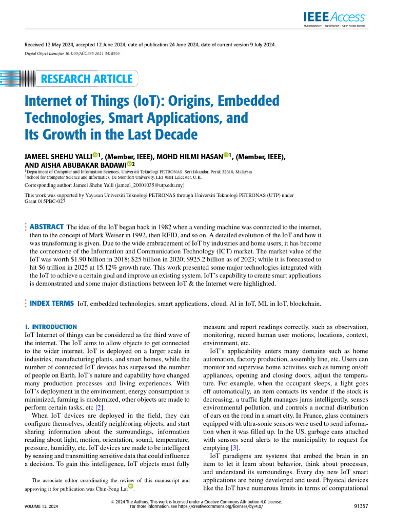 Internet of Things IoT Origins Embedded Technologies Smart Applications and Its Growth in the ...