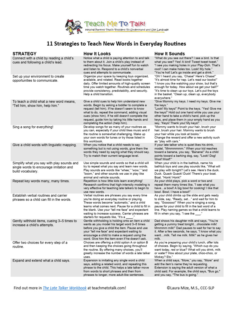 11 Strategies To Teach New Words in Everyday Routines Chart | PDF ...