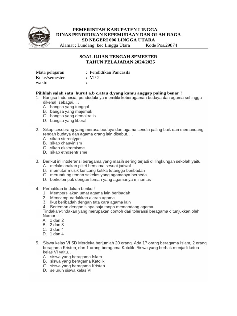 SOAL MID PEND.PANCASILA KLS 6 SMTR 2 2025 | PDF