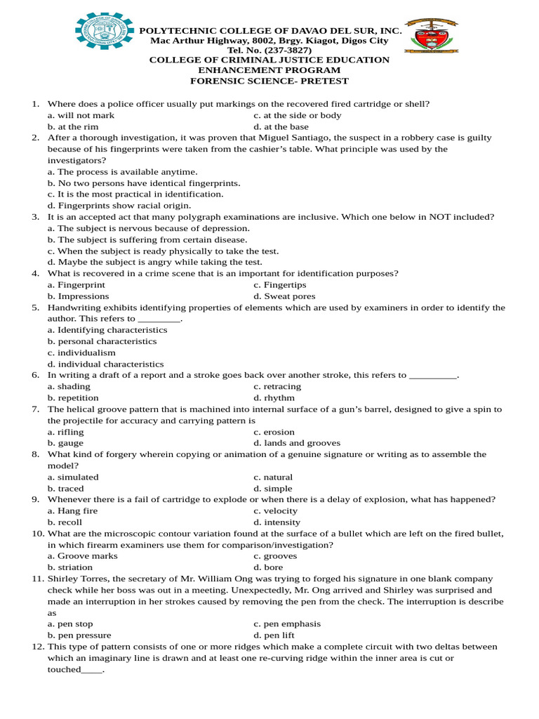 EP-FS PRETEST Without ANSWERS | PDF | Ballistics | Forensic Science