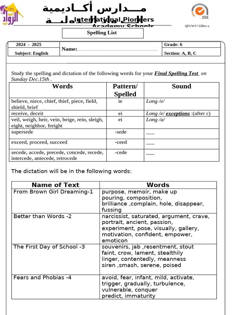 final spelling list grade 6 | PDF | Behavioural Sciences | Abnormal Psychology