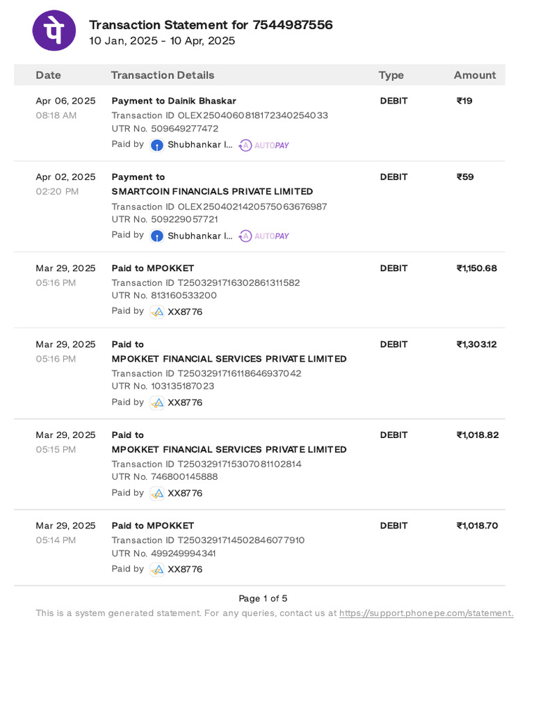 PhonePe Statement Jan2025 Apr2025 | PDF | Debit Card | Banking Technology