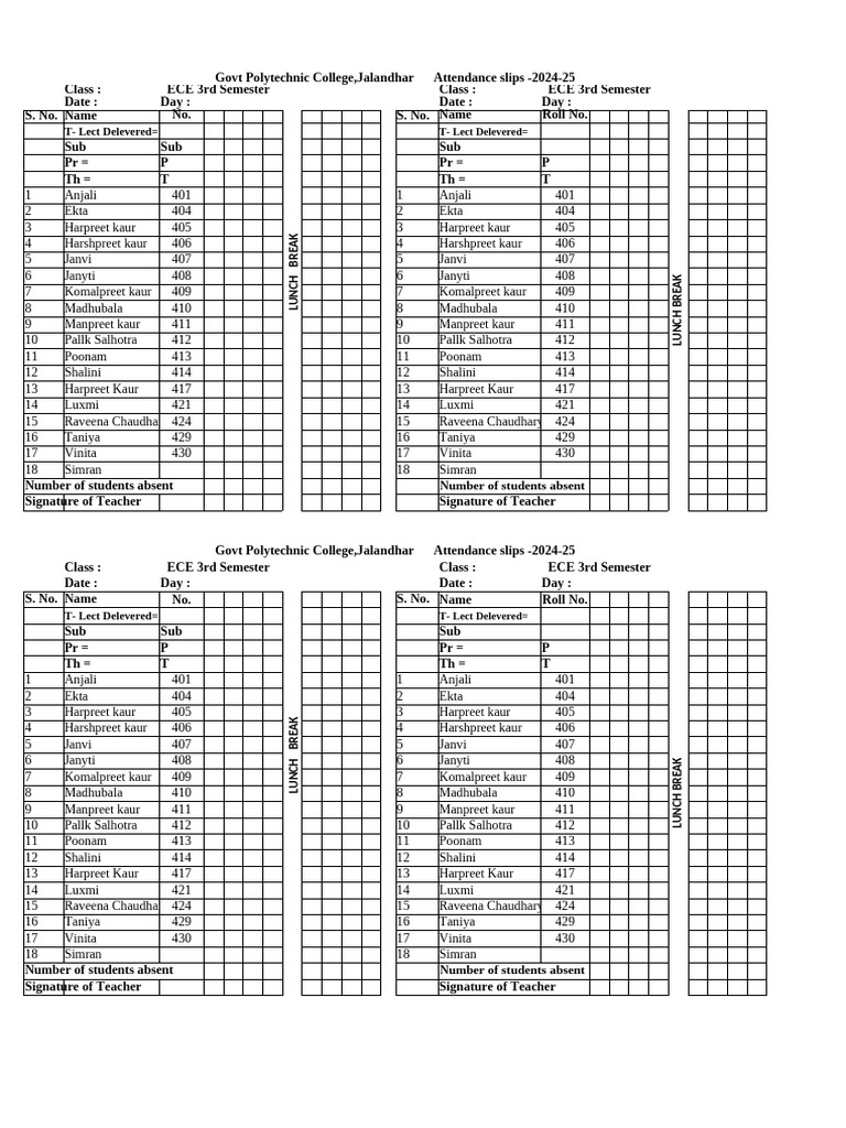 Attendance Slips 3rd Sem ECE | PDF