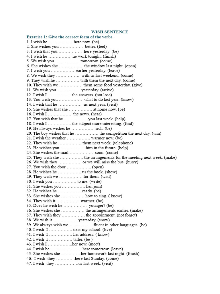 Wish Sentences-Worksheet | PDF | Linguistics