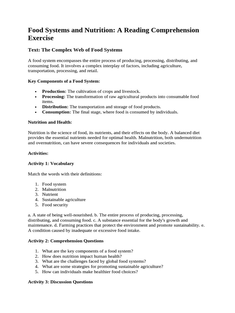 Food Systems and Nutrition EXERCISE | PDF | Foods | Nutrition