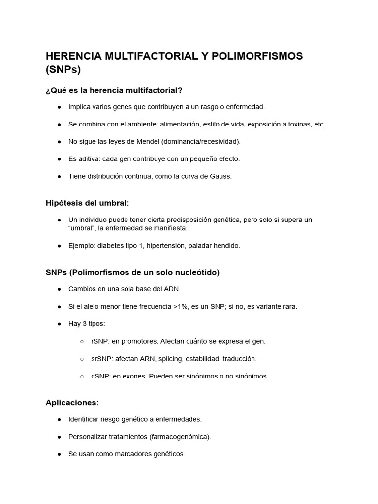 Herencia Multifactorial | PDF | Polimorfismo de nucleótido simple | Mutación