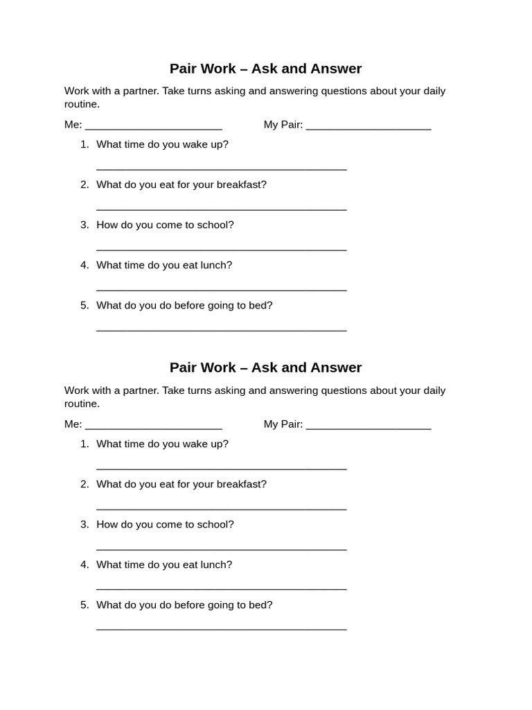 Pair Work Card Sheet Daily Routine | PDF