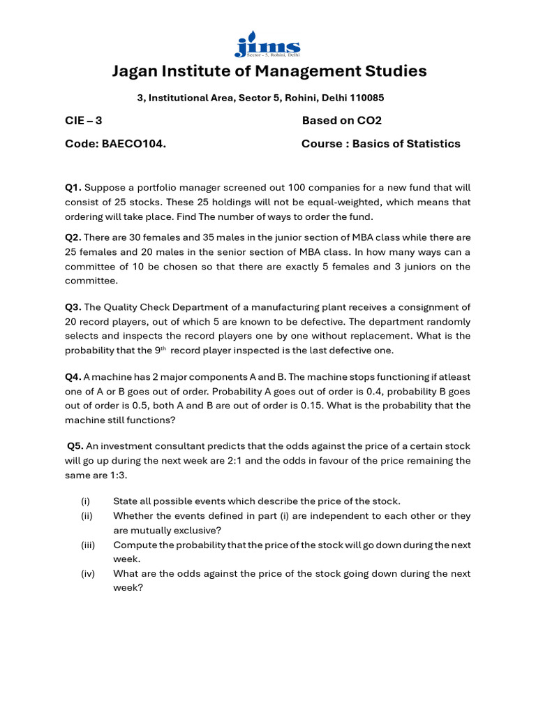 Assignment Probability and Combinatorics BA ECO First Year | PDF