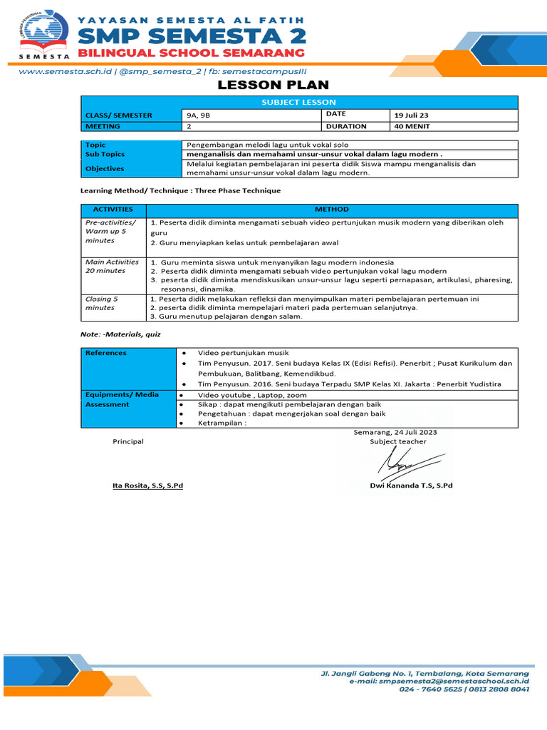 Kelas 9 (2) Lesson Plan 2023-2024 | PDF