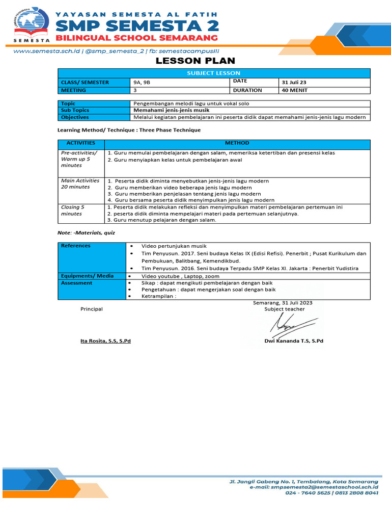 Kelas 9 (3) Lesson Plan 2023-2024 | PDF