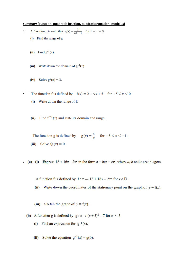 Summary (Function, Quadratic Function and Equation) | PDF
