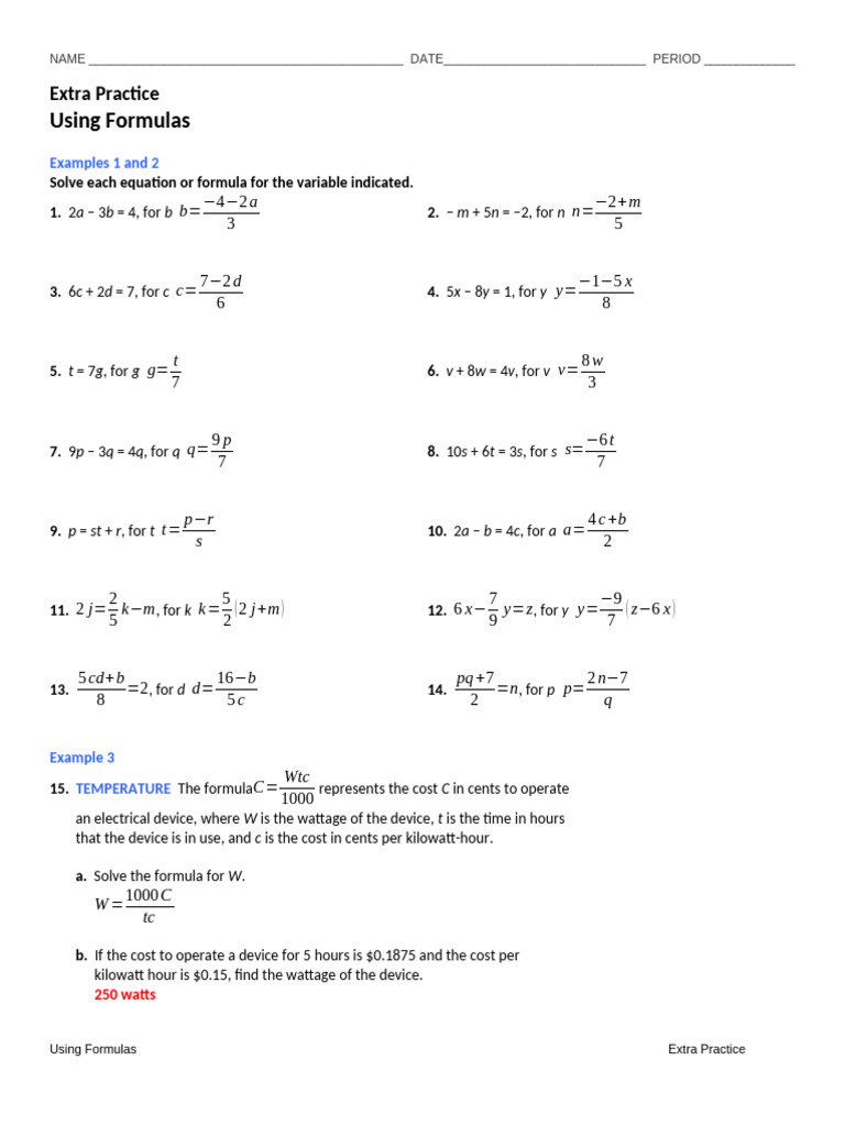 ANSWERS - Using Formulas - Extra Practice | PDF | Metrology | Quantity