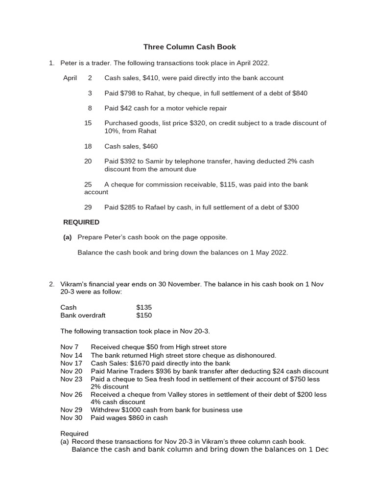 Three Column Cash Book Exercises | PDF | Banks | Cheque