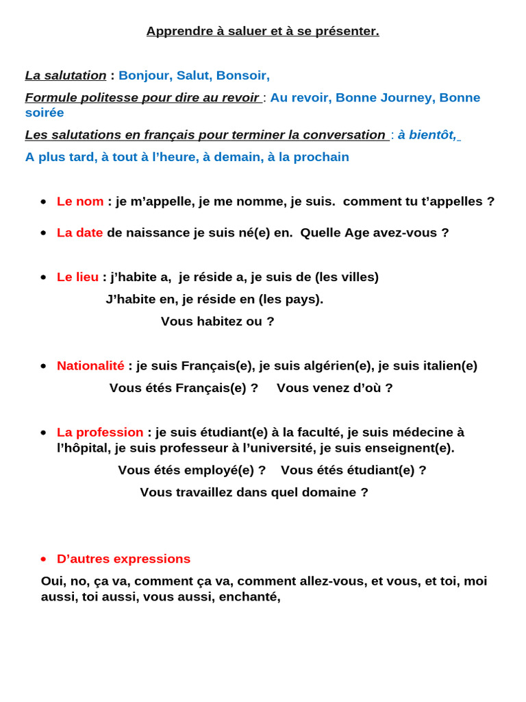 Salutations et présentations en français | PDF