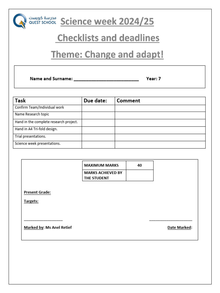 Science Week Deadlines and Checklists Year 7-9 | PDF | Wearable ...