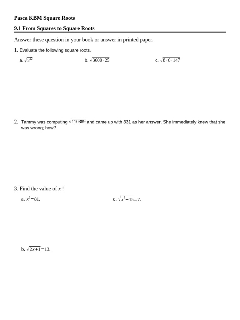 S2 Square Roots 9.1 From Squares To Square Roots | PDF