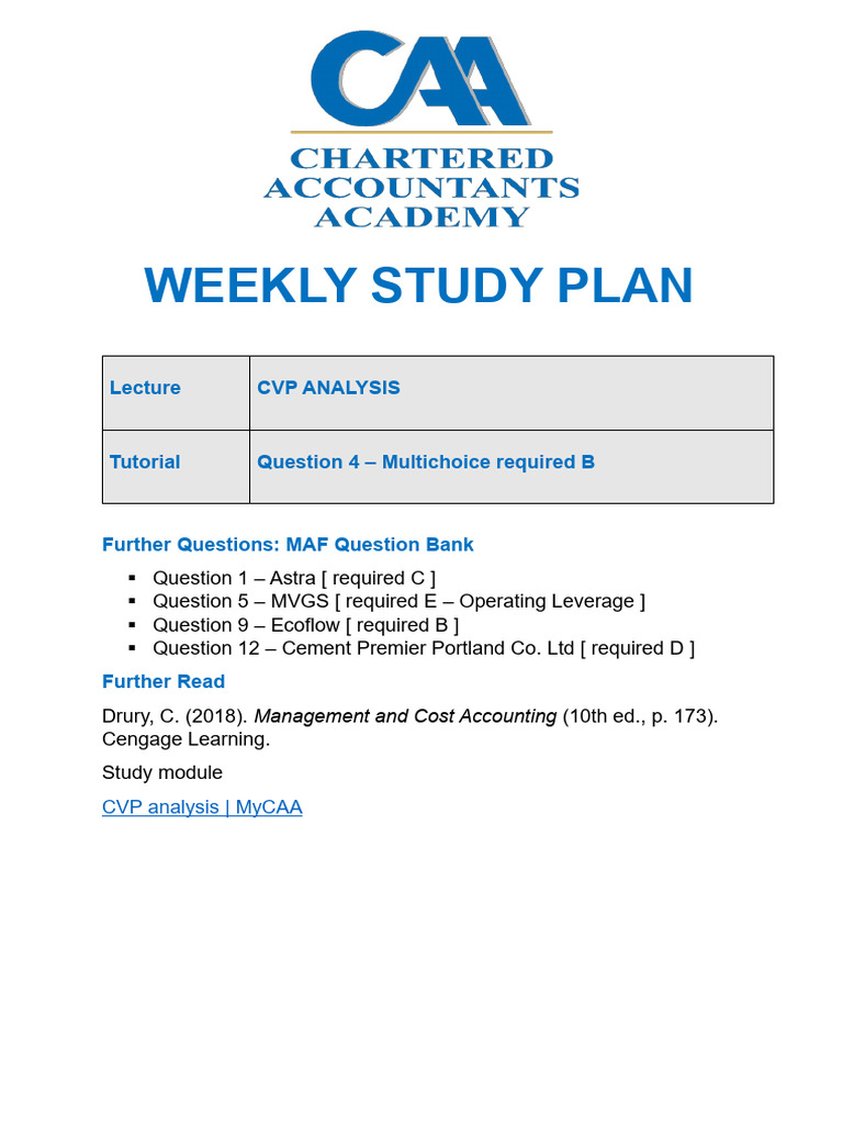 CVP Analysis Study Plan | PDF