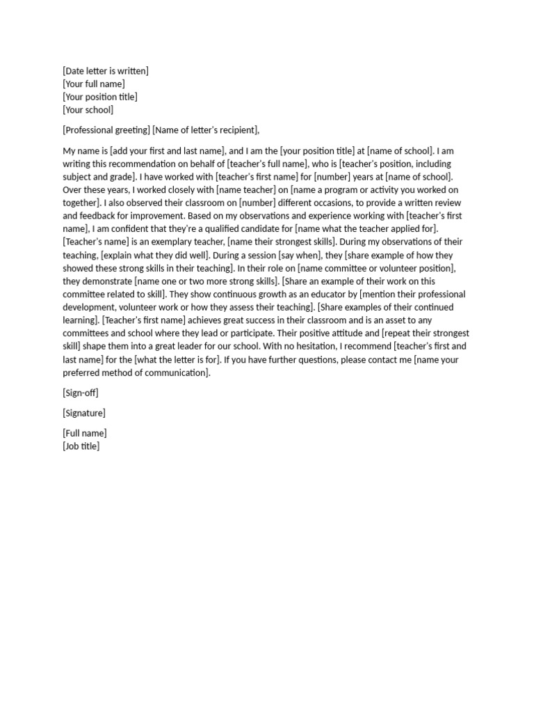 Principal Recommendation Letter For A Teacher | PDF