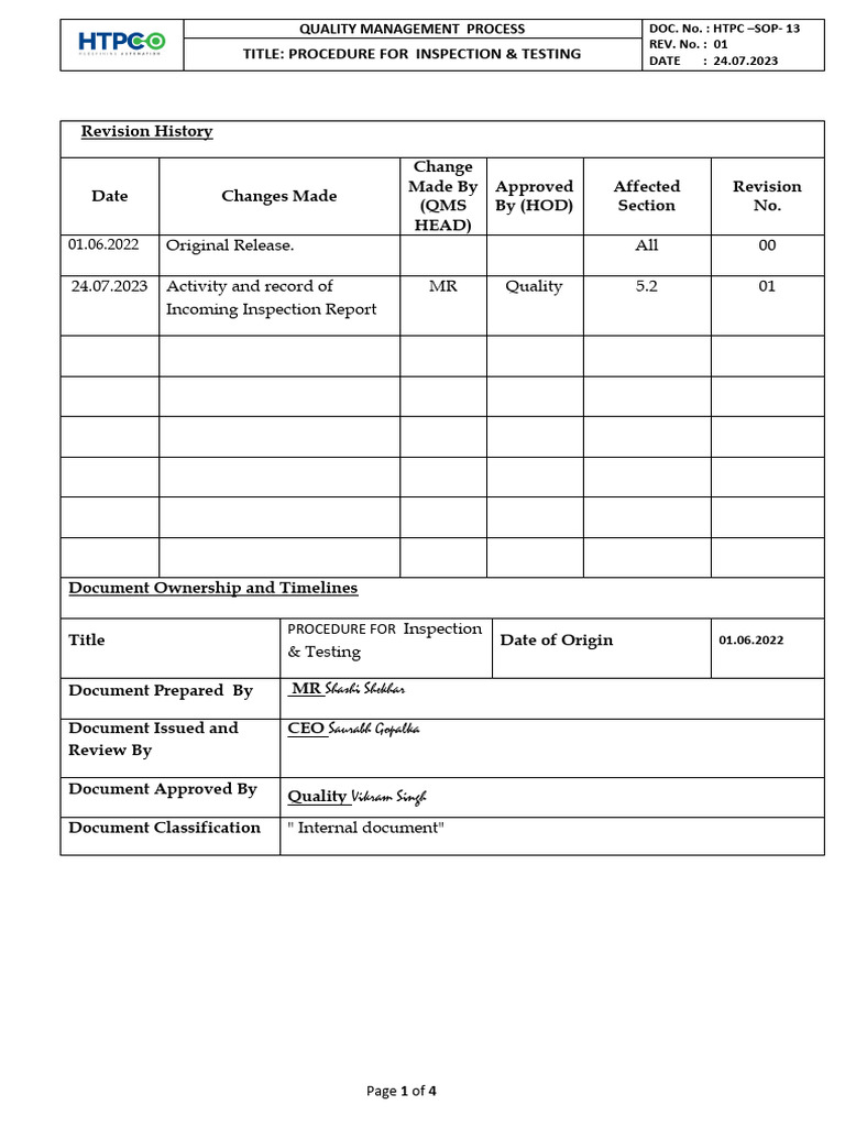 SOP-13 PROCEDURE FOR Inspection & Testing | PDF