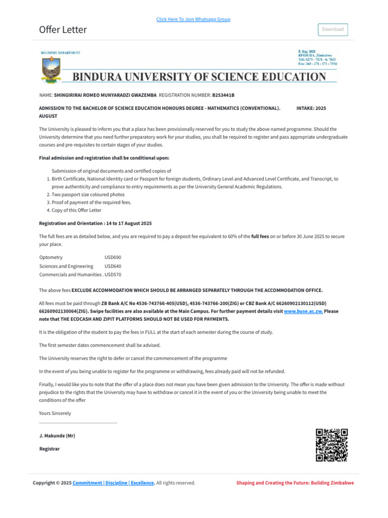 Bindura University of Science Education - Online Application | PDF