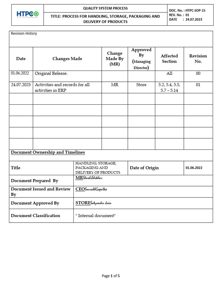 SOP 15: Product Handling Process | PDF | Shelf Life