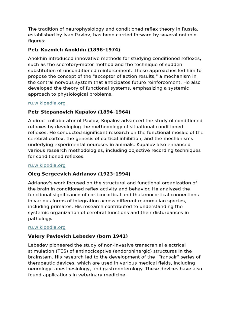 The Tradition of Neurophysiology and Conditioned Reflex Theory in ...