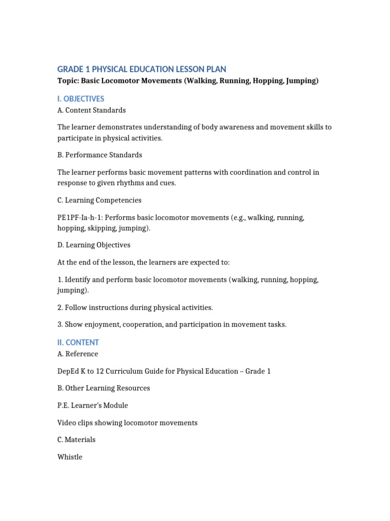 Grade1 PE LessonPlan LocomotorMovements | PDF | Learning | Physical Education