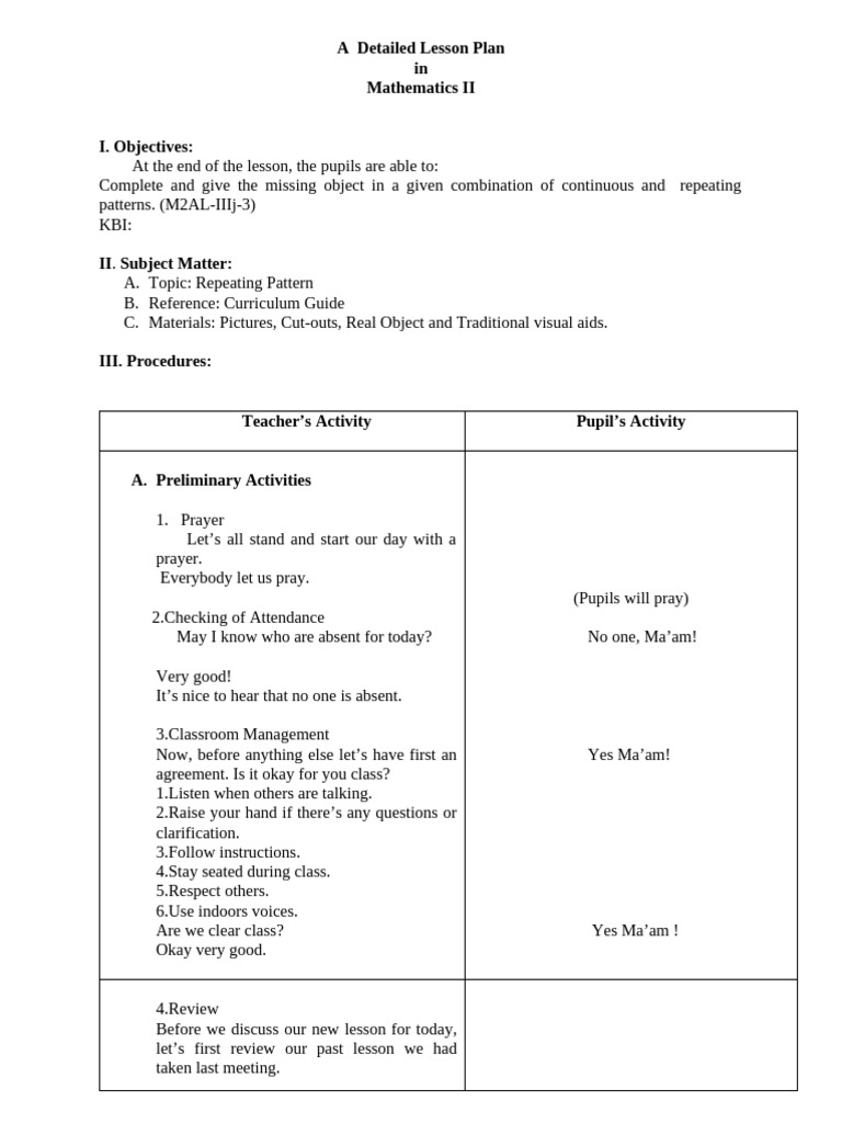 Mathematics II Lesson Plan on Patterns | PDF | Lesson Plan | Learning