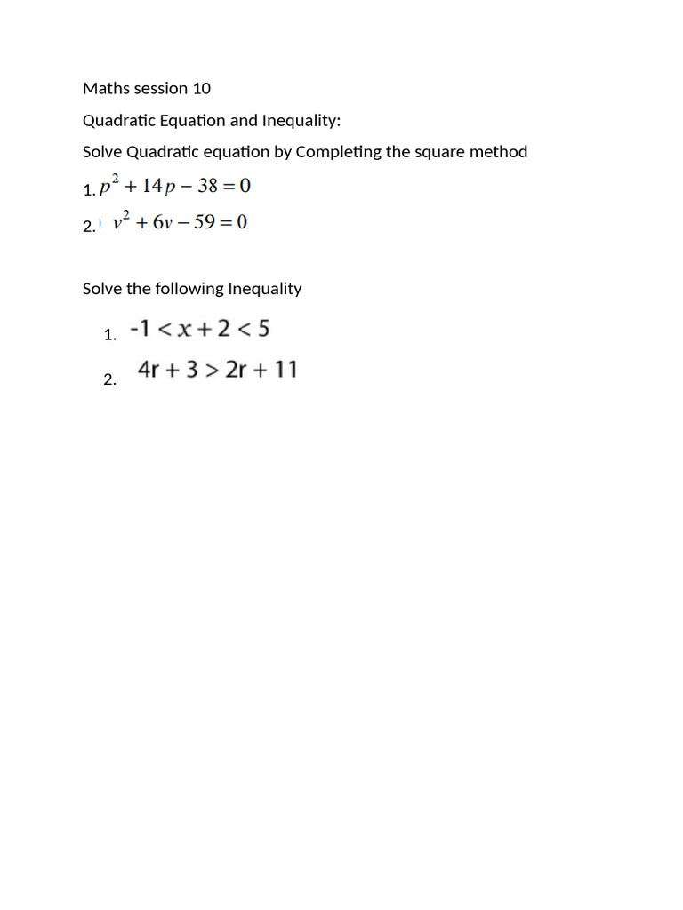 Maths Session 10 Quadratic Equation and Inequality | PDF