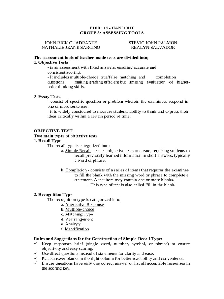 Assessing Tools - Handout | PDF | Multiple Choice