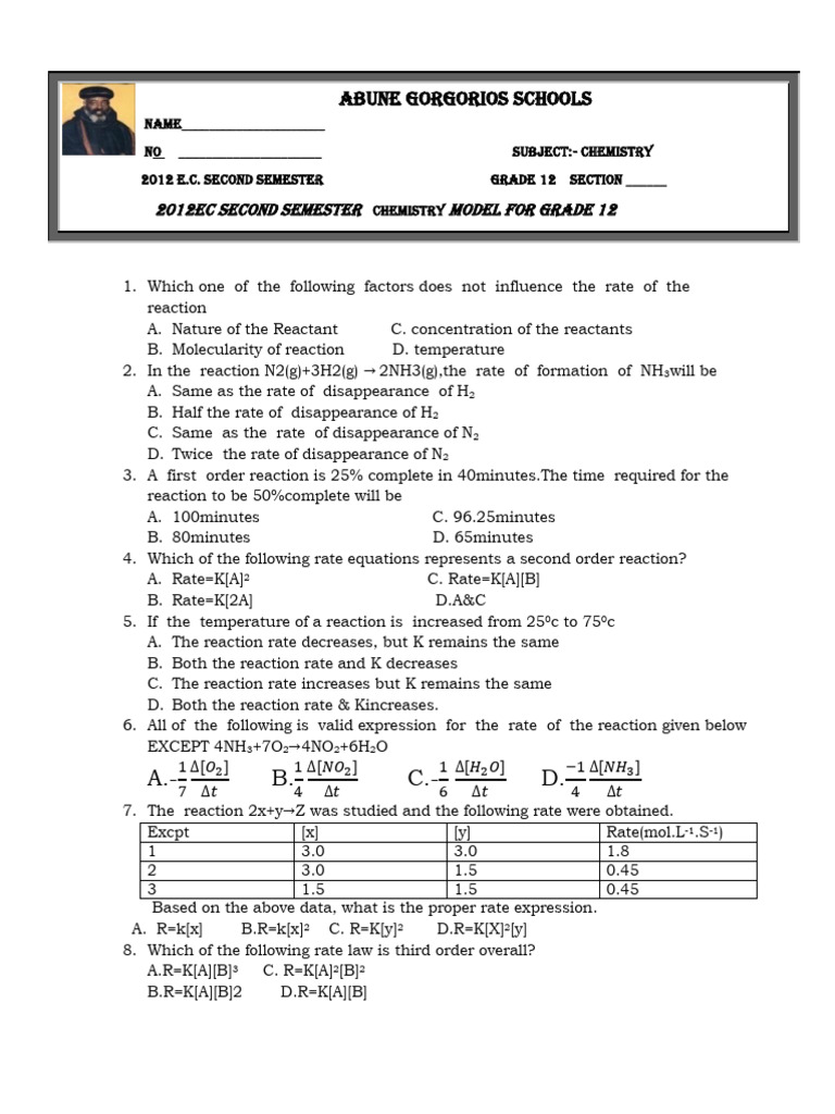 Chemistry Grade 12 Model Exam Abune Gorgorios | PDF | Reaction Rate ...