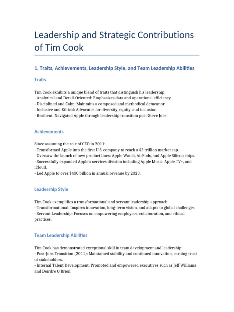 Tim Cook Leadership Report | PDF | Apple Inc. | Leadership
