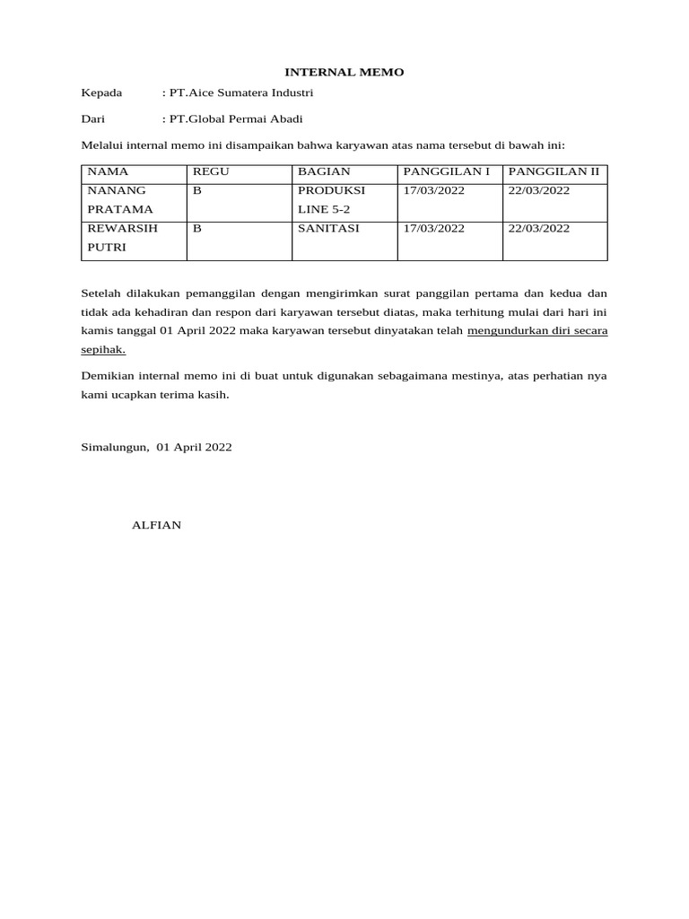 INTERNAL MEMO karyawan | PDF