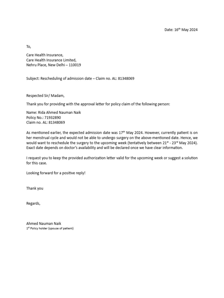 Rescheduling Surgery Claim Notification | PDF