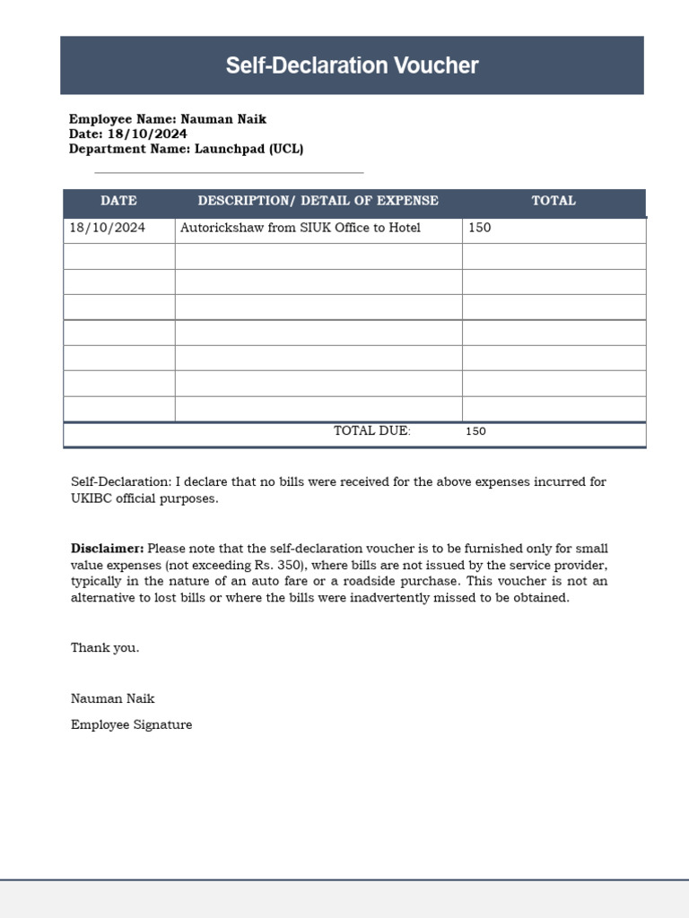 Self-Declaration Voucher for Expenses | PDF