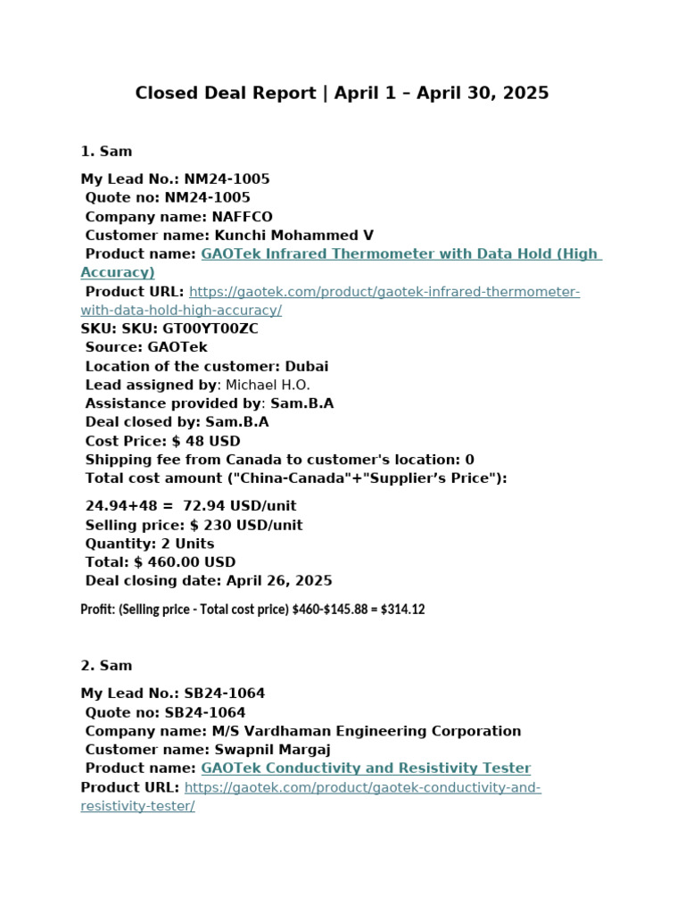 Closed Deal Profit April | PDF | Prices