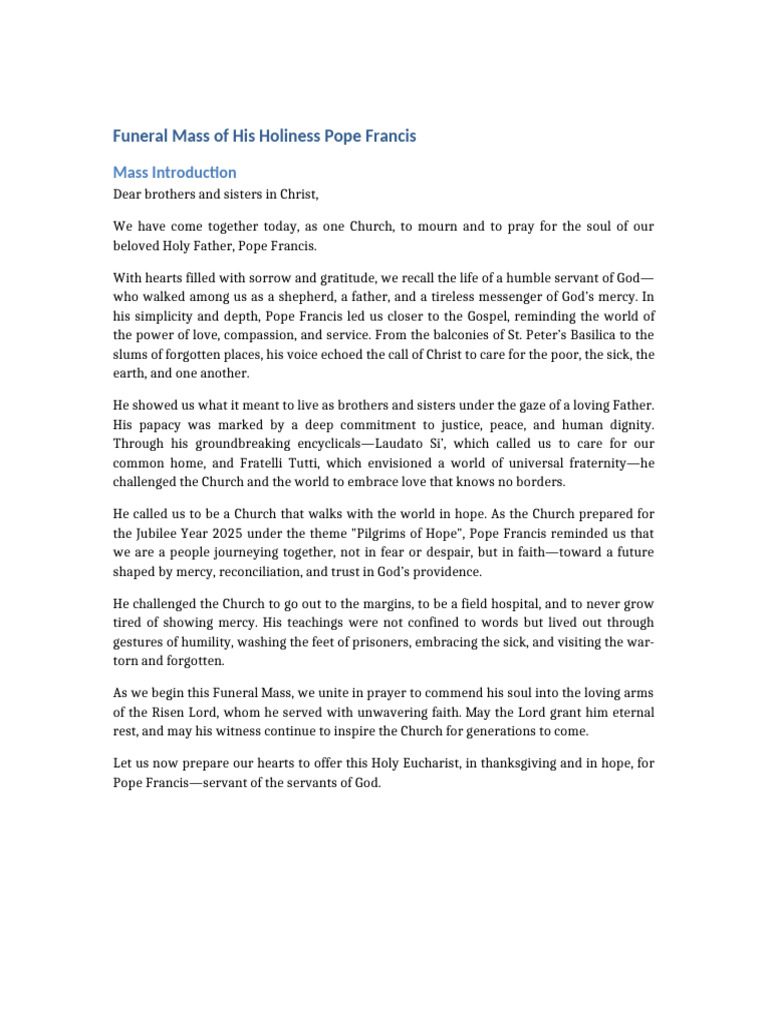Funeral Mass Introduction Pope Francis | PDF
