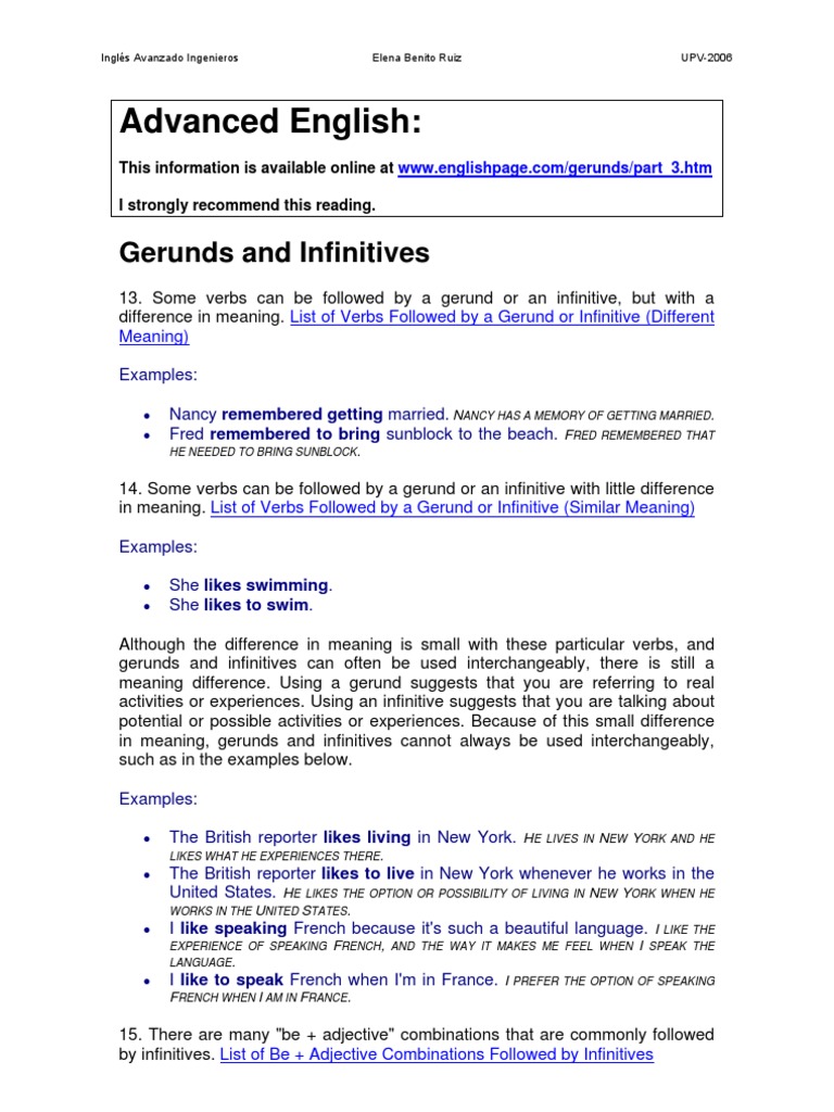 Advanced Infinitive or Gerund | PDF | Perfect (Grammar) | Verb