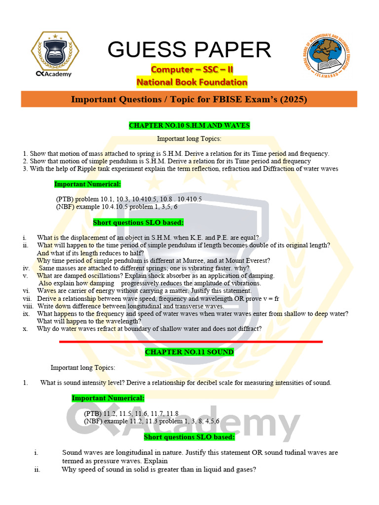 GUESS PAPER 10 physics 2025 fedral board (2)(1) | PDF | Nuclear Fission ...