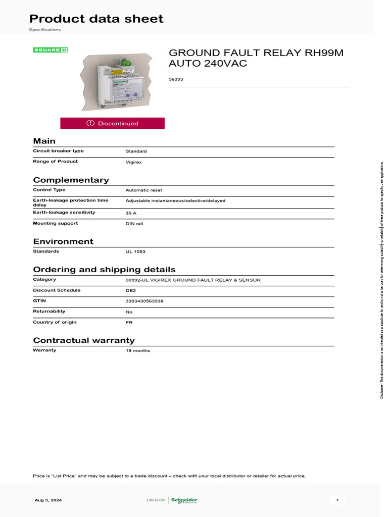 Schneider Electric Vigirex Groundfault Relay System 56393 | PDF