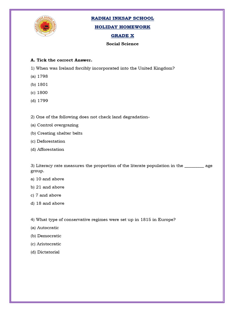X Summer Holiday Homework SST | PDF