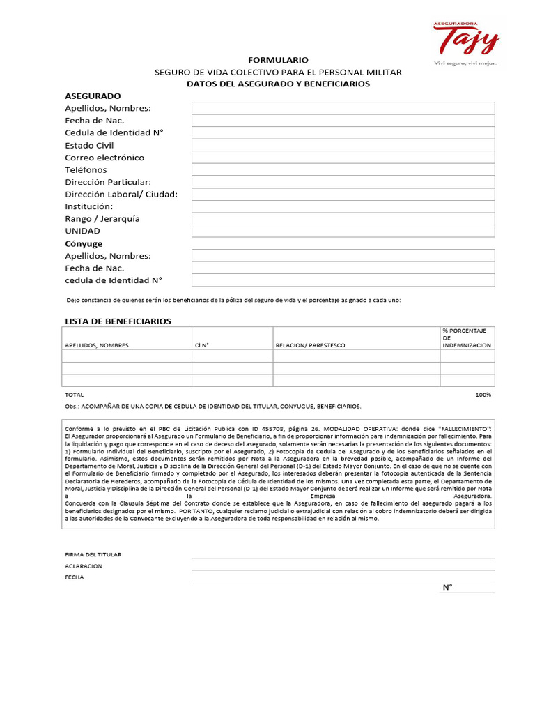 Formulario Seguro de Vida Miliatares 2023 - 2024 DIANNA | PDF | Seguro ...