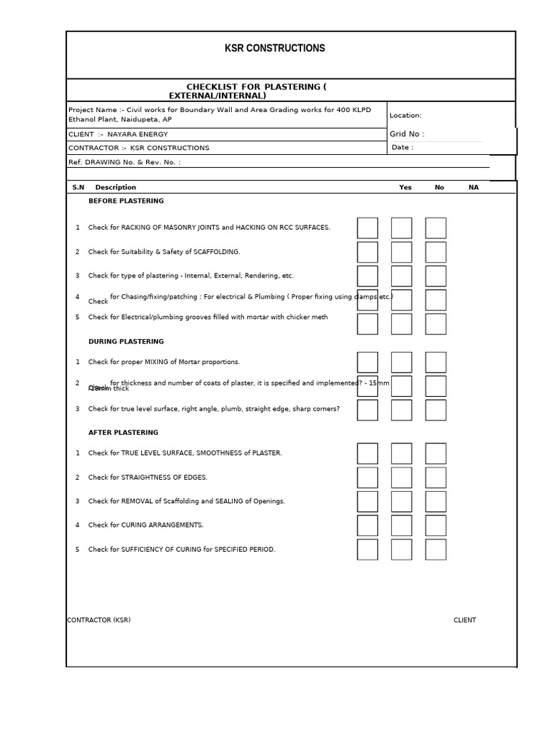 Plastering Checklist for KSR Constructions | PDF