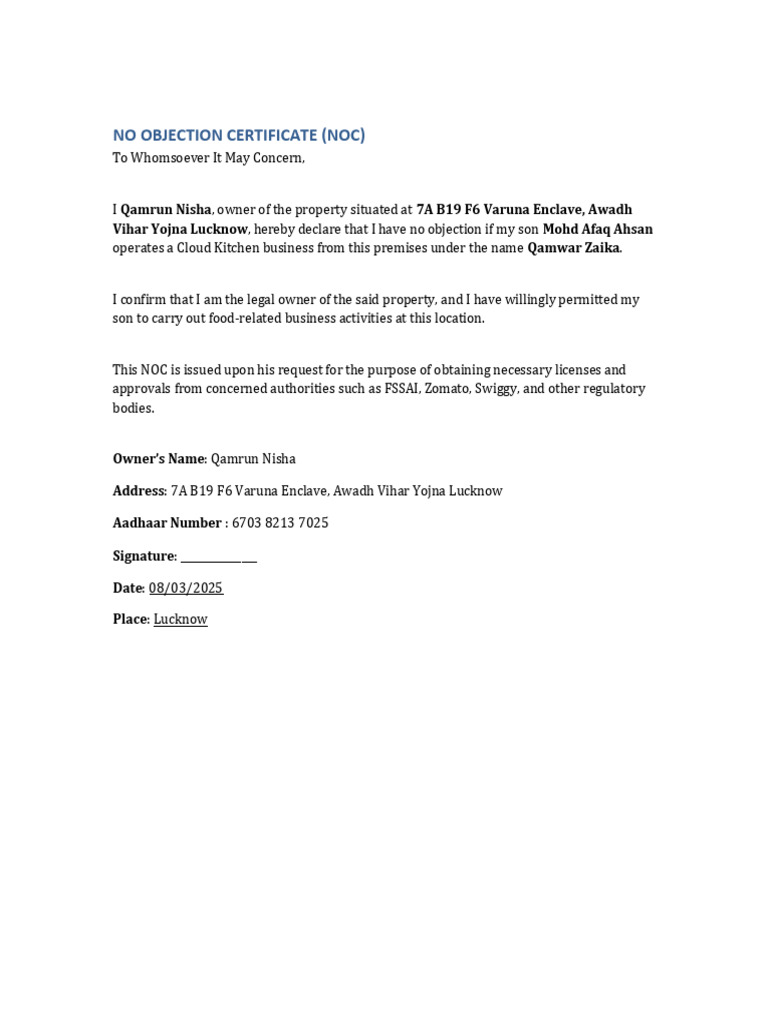 NOC For Cloud Kitchen | PDF